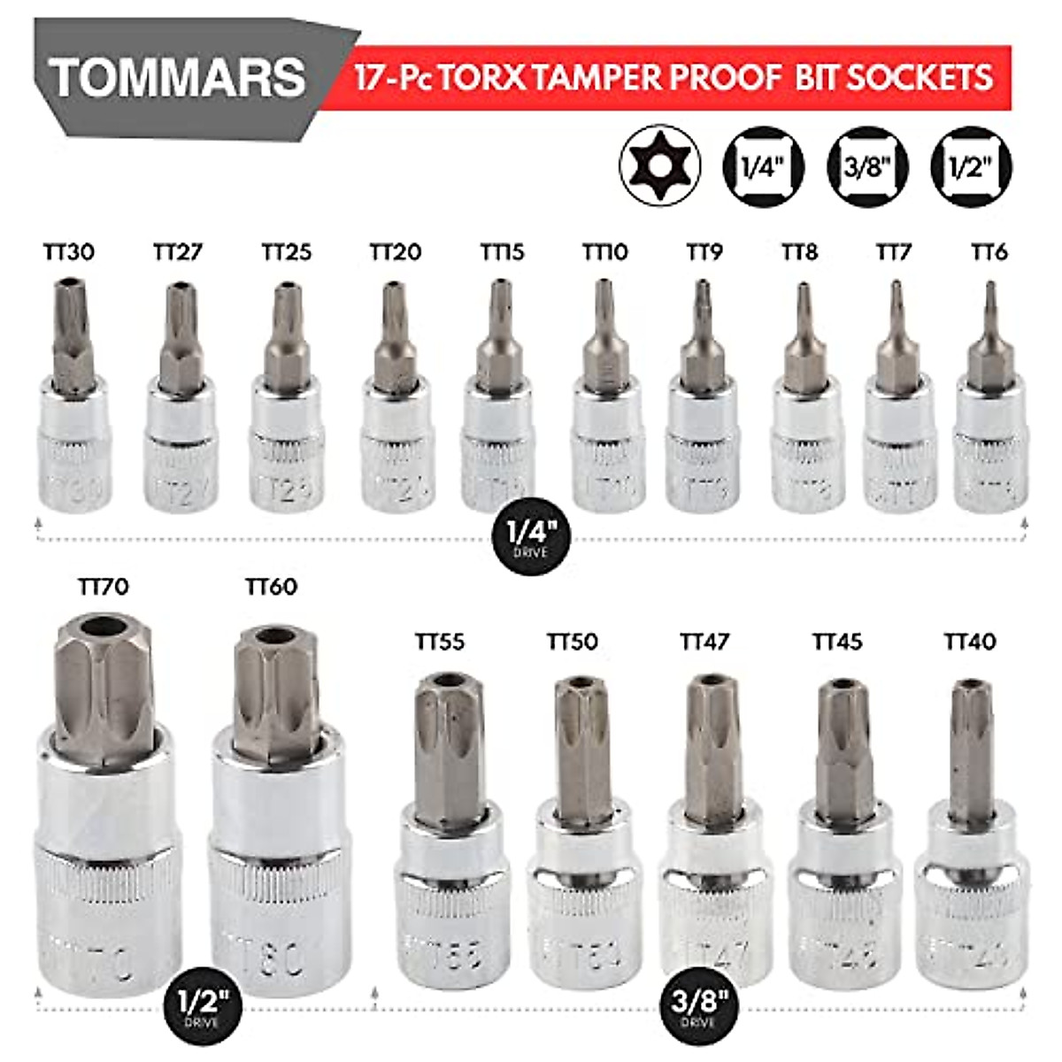 TOMMARS 60-Pc Master Torx Bit Socket and External Socket Set 1/4", 3/8", 1/2" Drive, S2 Steel Bits, CRV Sockets E4-E24, T6-T70,TT6-TT70,TP8-TP60