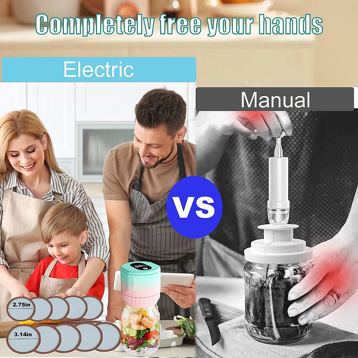 Everjar - Mason Jar Vacuum, Electric Mason Jar Vacuum Sealing Kit, 2 in 1Fully Automatic Suction Stop Food Storage Vacuum Sealer for Wide Mouth and Regular Mouth Mason Jars, Black