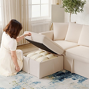 ONBRILL L Shaped Couch, L Shaped Sofa with Convertible Chaise, Small Slipcovered Sectional Couch w/Storage Ottoman, Washable Chenille Fabric, Comfy L Couch for Living Room, Office, Apartment, Beige