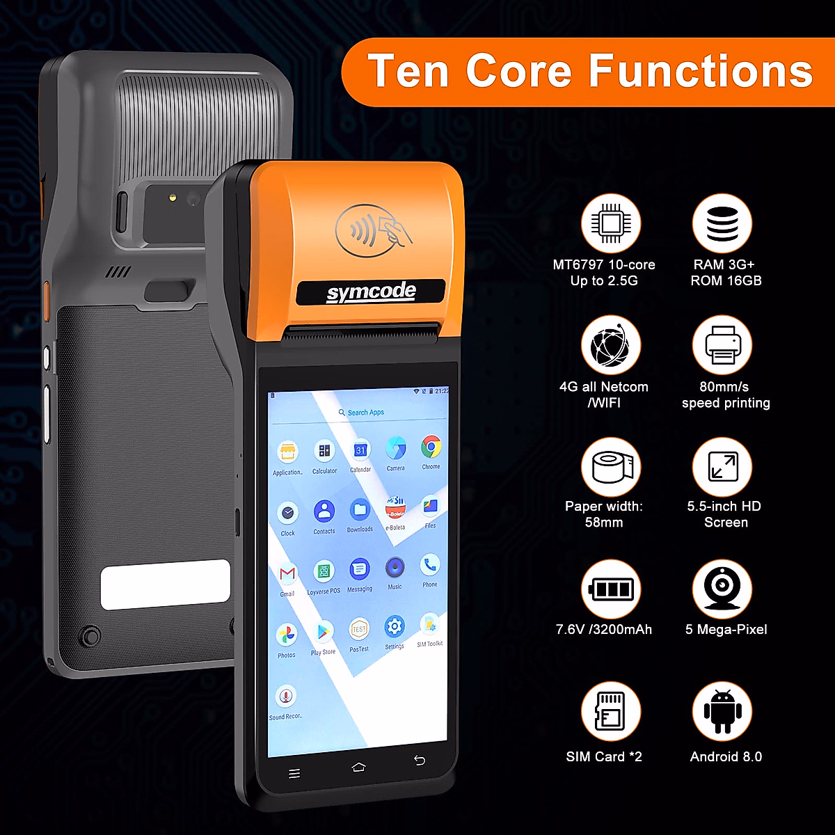 symcode POS PDA Thermal Receipt Printer,1D 2D Barcode Scanner Handheld PDA Printer Mobile POS Machine 5.5" Touch Screen 58mm Thermal Printer Android 8.1 Support 4G WiFi Bluetooth and NFC