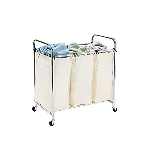Seville Classics Laundry Hamper Sorter Cart Mobile Premium 3-Bag Heavy-Duty, Chrome