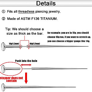 PunkTracker 14g/16g/18g/20g ASTM F136 Titanium Piercing Kit Taper Insertion Pin for Threadless Push In Tragus Helix Lip Nose Helix Piercing Jewelry Cartilage Earrings Labret Studs Nose Stud Stretcher