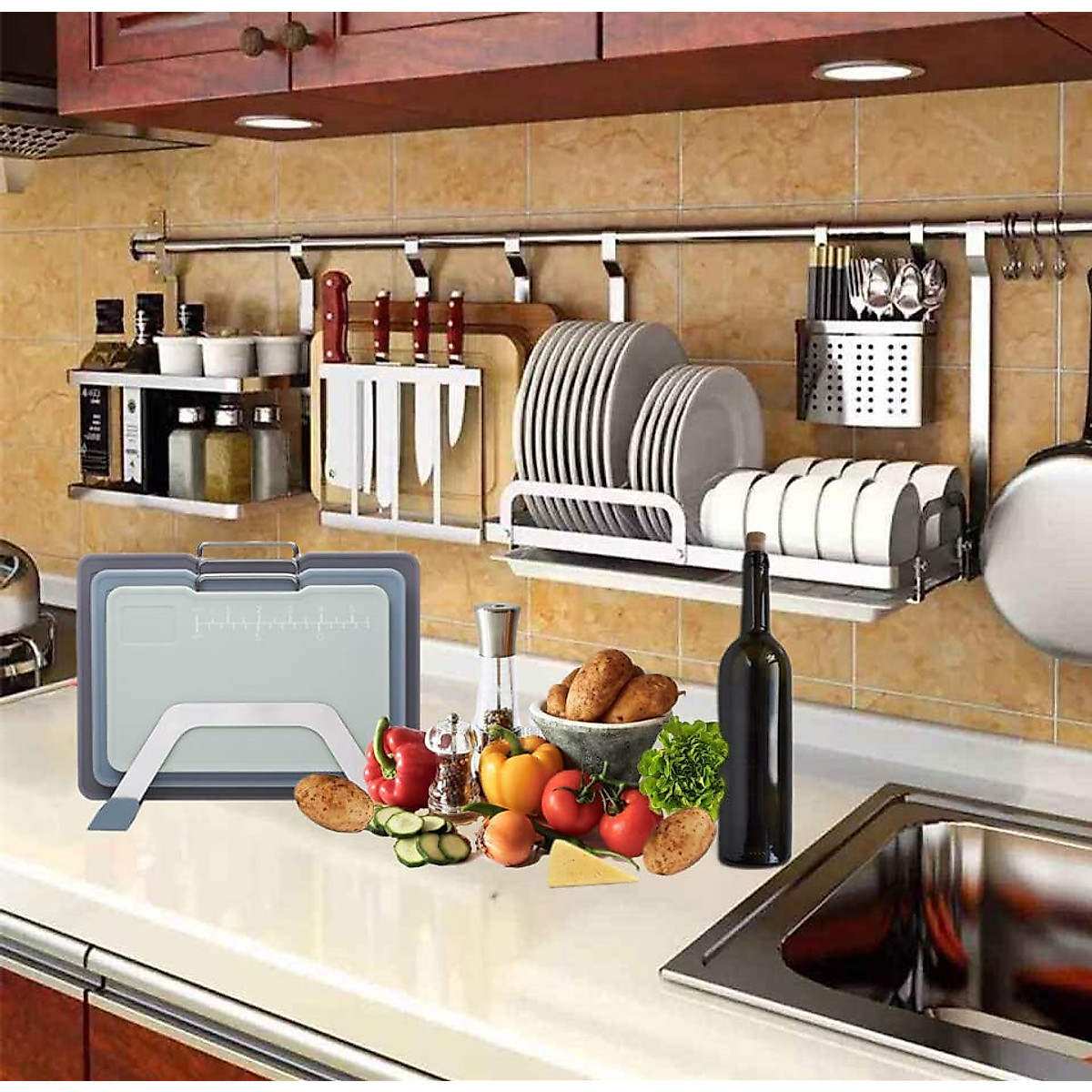 VWMYQ Cutting Board Set of 3,Cutting Boards for Kitchen,Grip Handle, Deep Juice Grooves, Slip Resistant,Chopping Boards for Meat, Veggies, Fruits (Blue) Grey + blue + light cyan