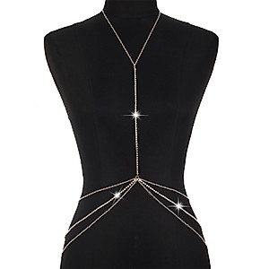 Rhinestone Body Chains Jewelry For Women Sexy Belly Waist Chain Bikini Beach Accessories (Gold color)