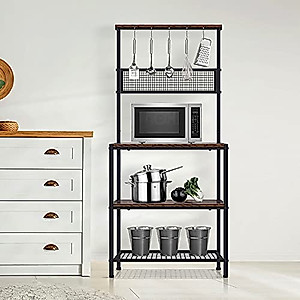 AZL1 Life Concept Industrial Kitchen Rack Cupboard with 10 Hooks, Mesh Panel, 3 Shelves, and Adjustable Feet, for Microwave Oven Cooking Utensils, 33.1 inches, Rustic Brown