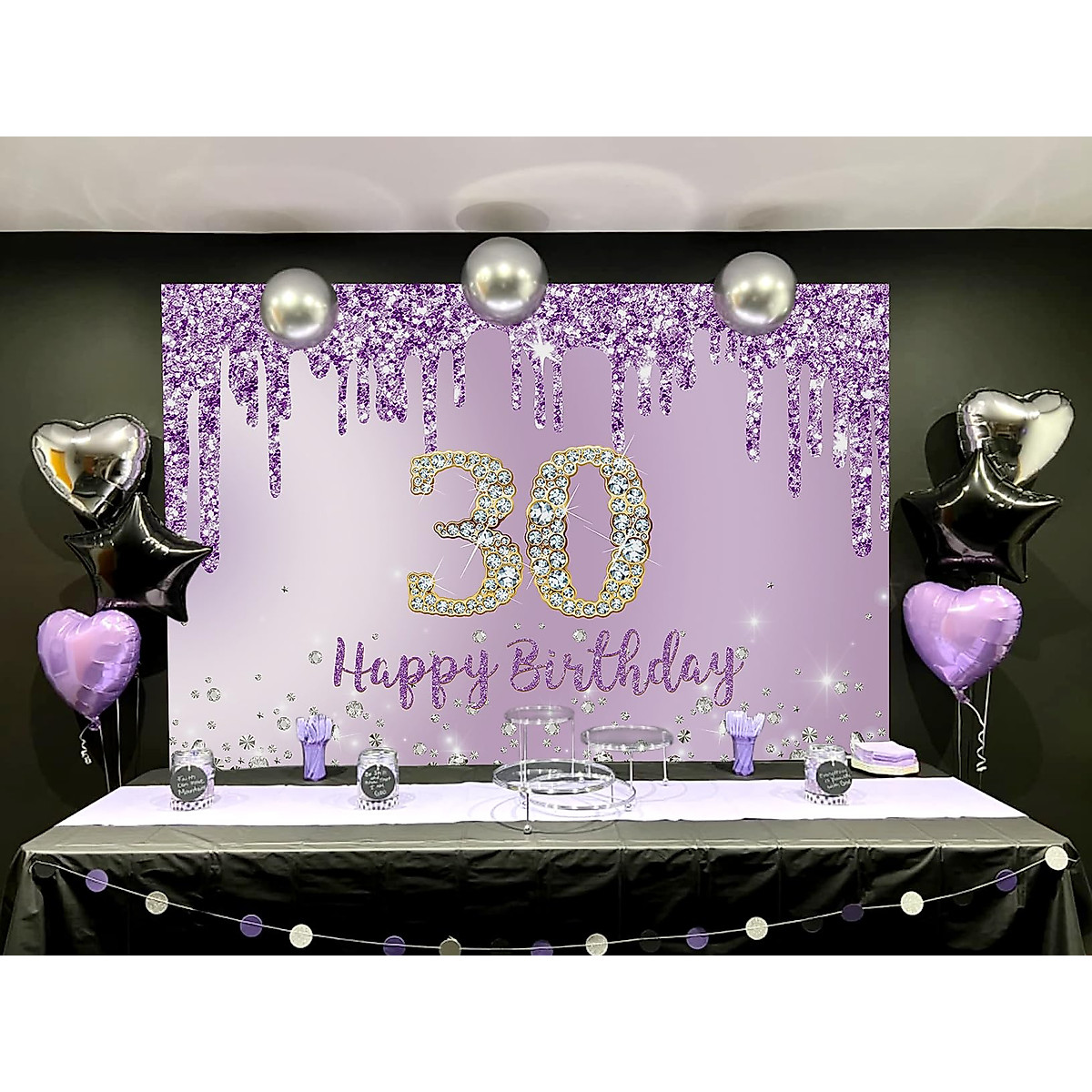 INRUI Purple Happy 30th Birthday Photography Background Girls Sweet Thirty Years Old Birthday Party Decorations Backdrop 7x5FT