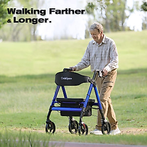 OasisSpace Heavy Duty Rollator Walker - Bariatric Rollator Walker with Large Seat for Seniors Support Up 450 lbs (Blue)