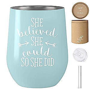 Fancyfams She Believed She Could So She Did - Congratulations Gifts - Graduation Gifts for Her - 12 oz Stainless Steel Wine Tumbler (Blue)