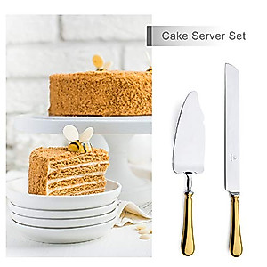 OTW PAVILION 2 Piece Wedding Cake Knife and Server Set,Gold 18/10 Stainless Steel Dessert Set Pie Server Cake Cutter Knife for Birthday,Anniversary,Holiday,Baby Shower,Party