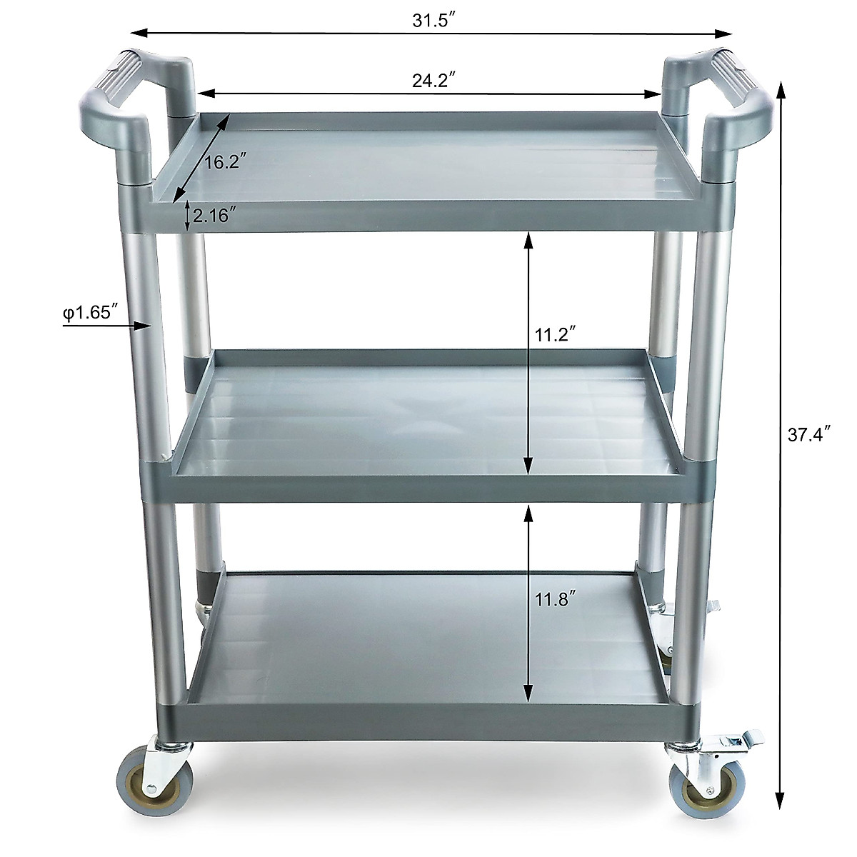 New Star Foodservice 54545 250-Pound Plastic 3-Tier Utility Bus Cart with Locking Casters, 32" x 16" x 38", Gray