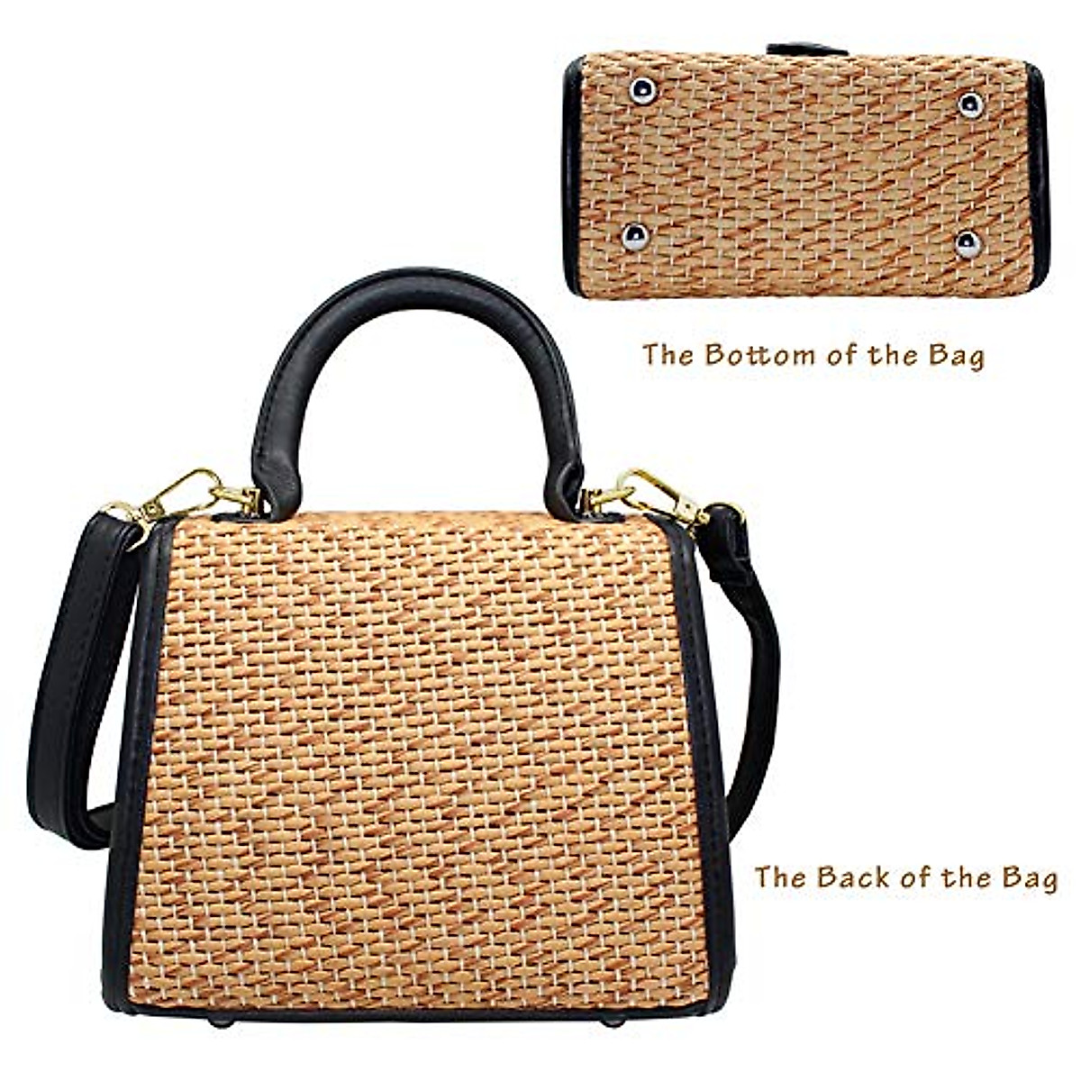 boshiho Retro Straw Woven Handbag Womens Small Cross Body Bag Shoulder Messenger Satchel (Black)