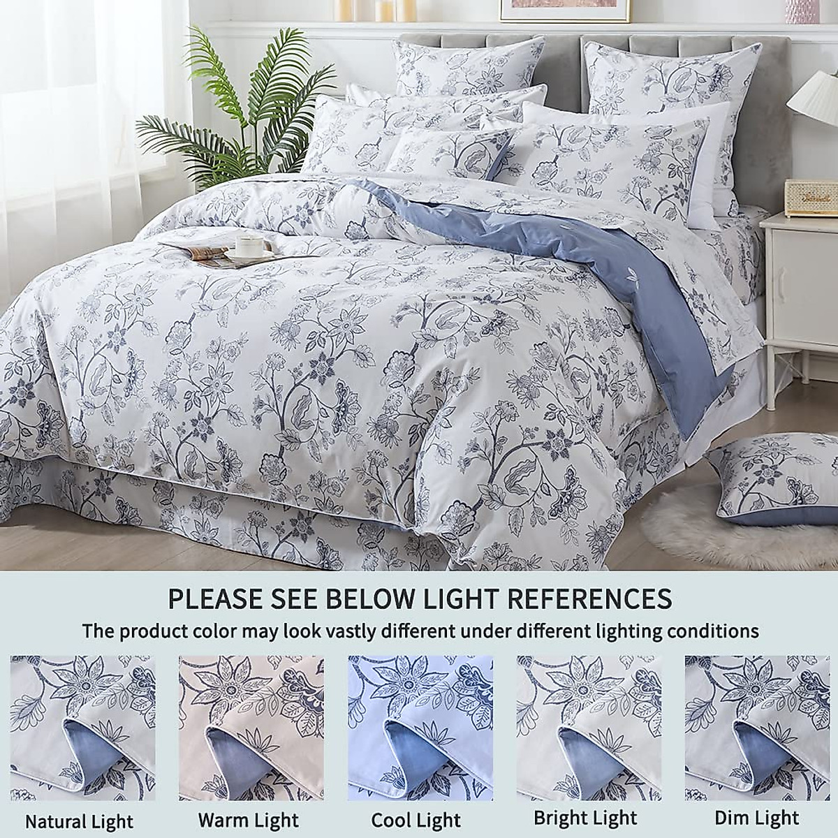 FADFAY 7 Piece 100% Cotton Light Blue Floral Bedding Set Queen Size Bed Sheet Set +Duvet Cover, Soft Toile Flower Complete Bedding(1 Duvet Cover, 1 Fitted Sheet, 1 Flat Sheet + 4 Pillowcase)