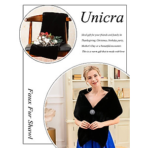 Unicra Women's Wedding Faux Fur Shawls and Wraps Bridal Fur Scarf Stoles with Rhinestones Brooch for Bride and Bridesmaids