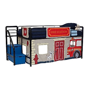 DHP Junior Twin Metal Loft Bed with Slide, Multifunctional Design, Silver with Red Slide & Fire Department Design Curtain Set for Junior Loft Bed, Kids Furniture, Blue