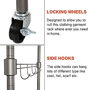 kemanner Heavy Duty Rolling Garment Rack 3-Tiers Wire Shelving W/ Double Rods & Lockable Wheels & 1 Pair Side Hooks - Hold Up to 400Lbs (Gray, 2Rod 2Hook)