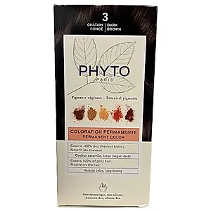 PHYTO Phytocolor Permanent Hair Color, 3 Dark Brown, with Botanical Pigments, 100% Grey Hair Coverage, Ammonia-free, PPD-free, Resorcin-free, 0.42 oz.