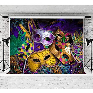 Masquerade Backdrops Purple Gold Glitter Beads Mask Carnival Photography Backdrop Vinyl 5x3ft Fiesta Mardi Gras Dance Photo Background Birthday Party Photo Booths Props Decorations Supplies