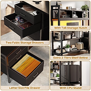 Aheaplus L Shaped Desk with Hutch, Gaming Desk with Led Lights, Reversible Computer Desk with Power Outlet, Corner Desk with File Drawer & Monitor Stand, Storage Shelves for Home Office, Black