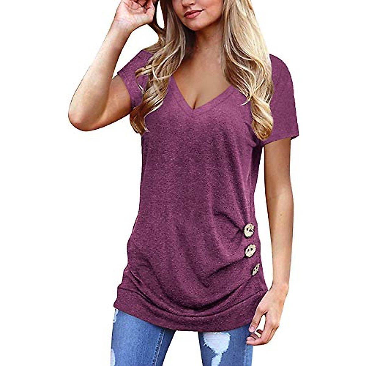 Jescakoo Womens Long T Shirts Short Sleeve V Neck Tunic Tops Summer Solid Color L