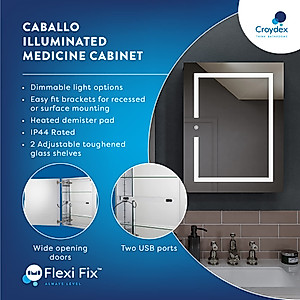 Croydex Caballo LED Aluminum Bathroom Storage Vanity Mirror with Lights Easy to Fit Hang 'N' Lock Bracket Recessed or Surface Mount Medicine Cabinet Organizer, 20W x 26H