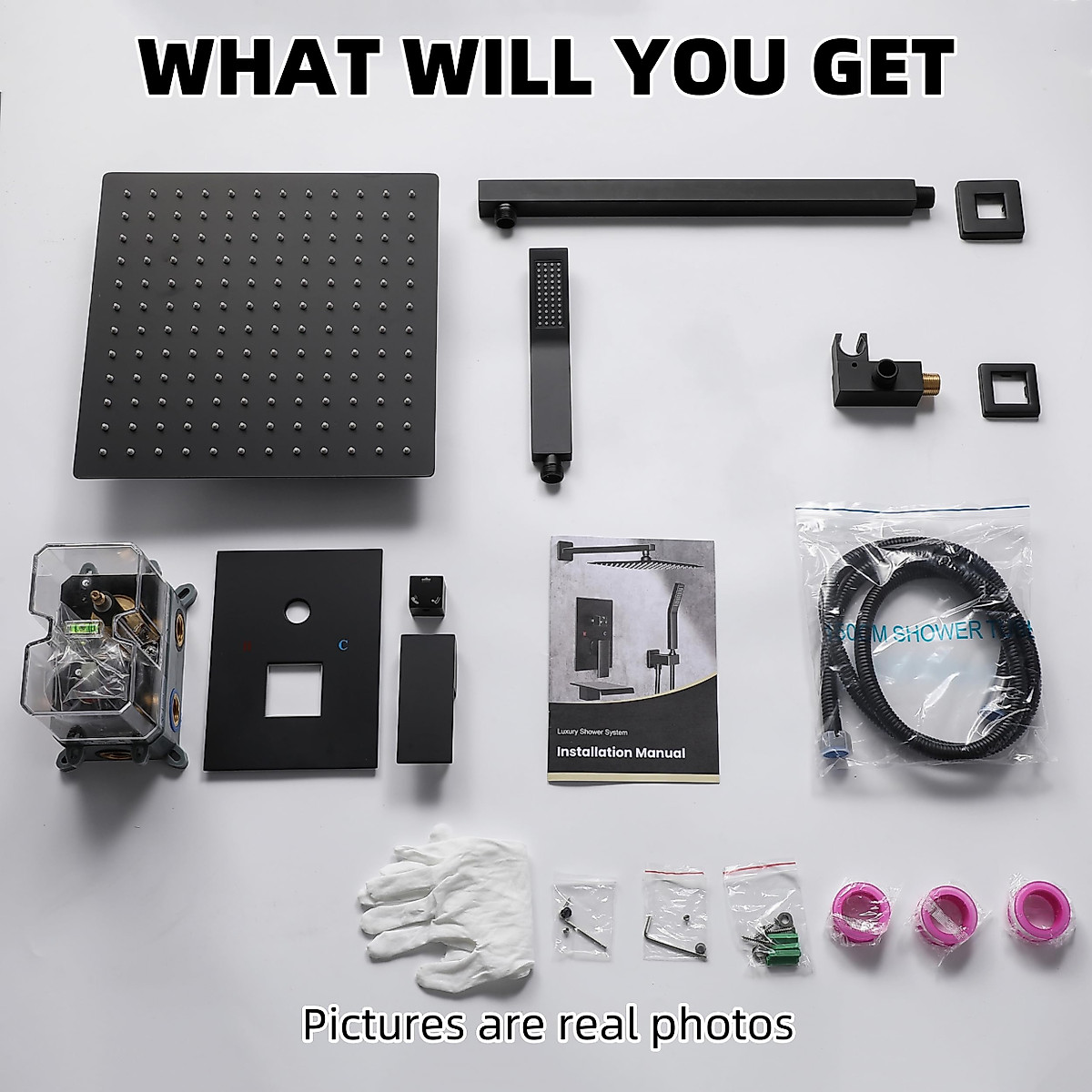 Fatspas 10 Inch Shower Faucet Set, Rainfall Shower System with Square Fixed Rain Shower Head and High Pressure Handheld Shower Head, Wall Mounted Rainfall Shower Fixtures, Matte Black