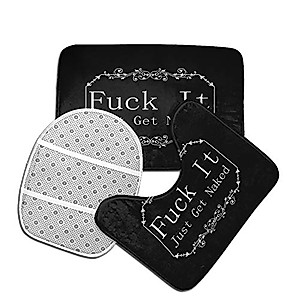 Swono Inspiration Quote Bath Mat 3 Piece Set,Fuck It Just Get Naked Bathroom Antiskid Pad Doormat and Toilet Lid Cover Non-Slip Set