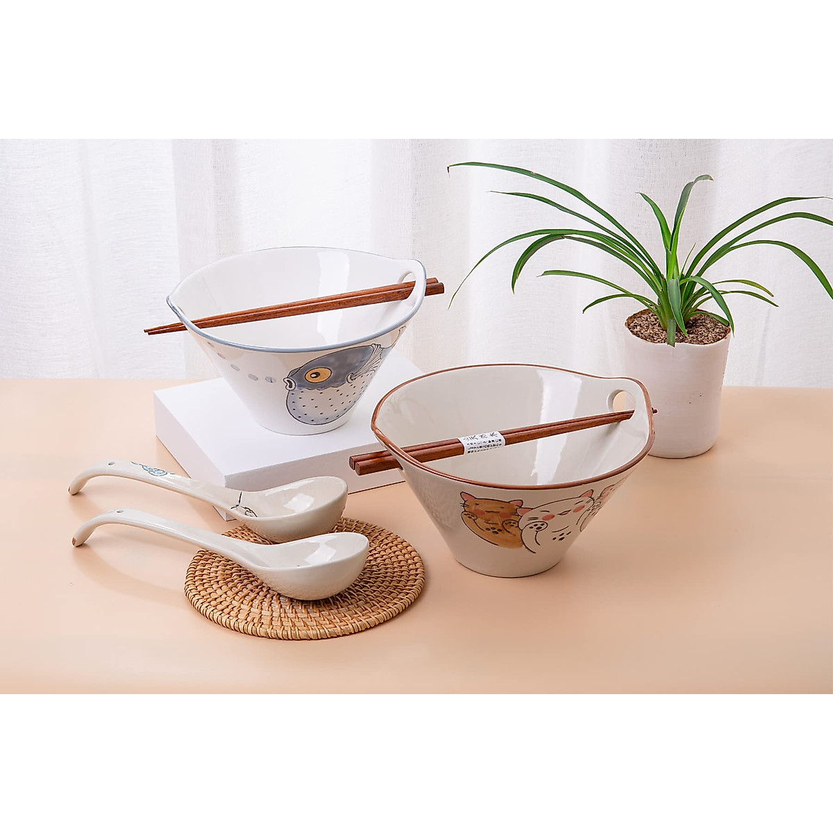 LLDAYU large Ceramic Japanese Ramen Noodle Soup Bowl, 27 Ounce Deep Bowl, with Matching Spoon and Chopsticks for Udon Soba Pho Asian Noodles.Dishwasher & Microwave Safe(Lucky Cat)