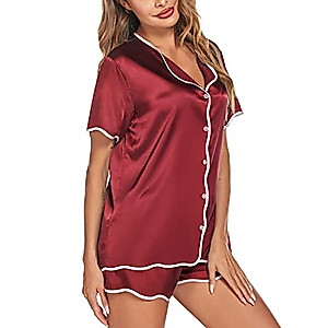 eshion Women's Short Sleeve Pjs Silk Pajama Top with Shorts Set Comfortable Summer Loungewear (Wine Red,XXL)