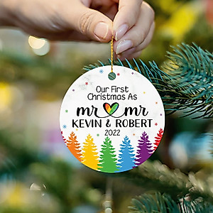 Personalized Gay Pride LGBT Christmas Tree Rainbow Ornament, Our First Christmas As Mr & Mr Ornament Gift for Couple Gay LGBT Newlywed Wedding, Custom Names Couple Gay 1st Xmas As Mr & Mr Ornament