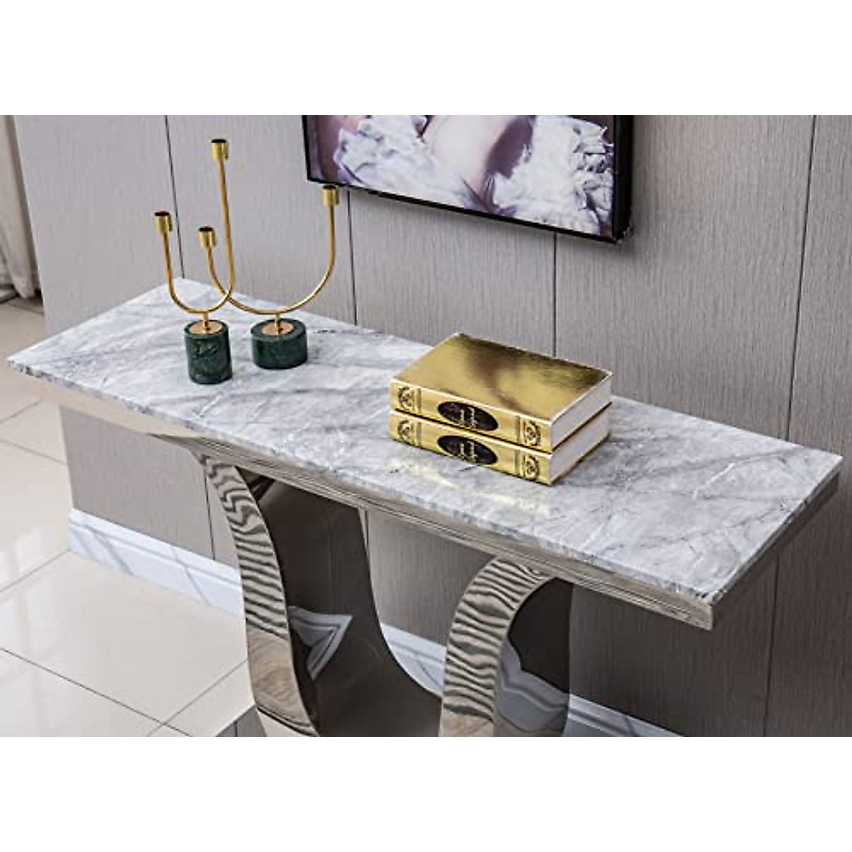 SSLine Modern Silver Console Table Luxury Grey Genuine Marble Console Table with Mirrored Stainless Steel Pedestal Base 50" Rectangular Entryway Hall Tables for Living Room Hallway