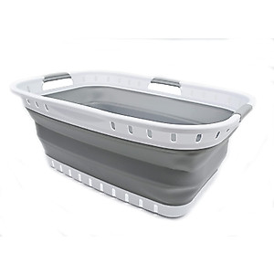 SAMMART 44L Collapsible Plastic Laundry Basket - Foldable Pop Up Storage Container/Organizer - Portable Washing Tub - Space Saving Hamper/Basket (1, White/Grey), Size: 25.4 x 17.3 x 10.2 inches