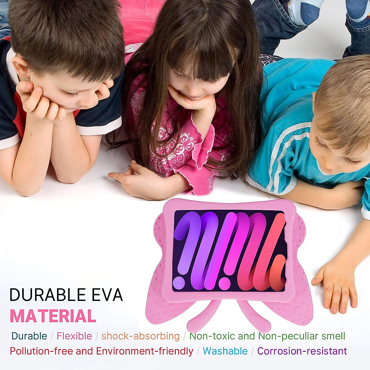 Compatible with iPad Mini 6 7 2024 Pretty Butterfly Case for Kids Girl Light Safe EVA Foam Full Cover Sturdy Kids case with Stand Pencil Holder Shockproof Rugged case for iPad Mini 6th 7th Gen (Pink)