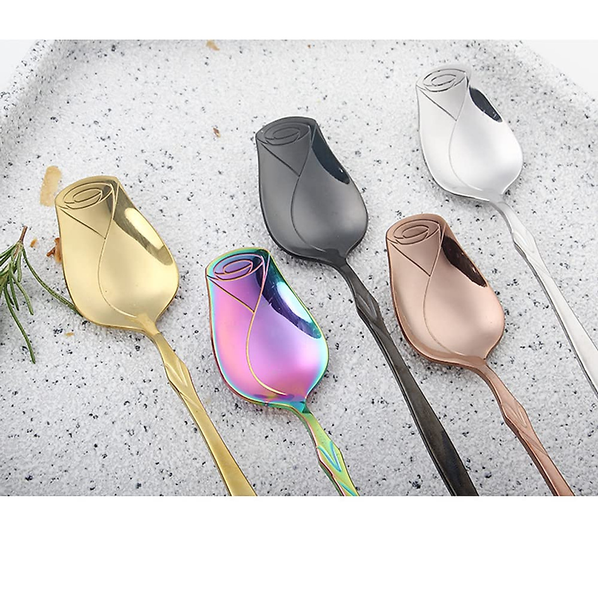 Stainless Steel Spoon Set 5 Pack, Rose flower shaped spoon, Coffee spoon，Dessert Spoon, Ice Cream Spoons, tea spoons，Love spoon, Cute holiday gift (Multicolor)