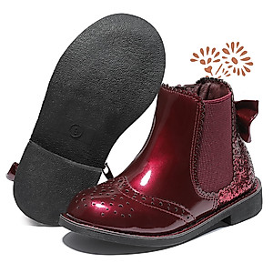 FUPPIA Girls Ankle Boots Kids Side Zipper Waterproof Boots Shiny PU Upper Dress Boot for Toddler Little Girls Red Size 12