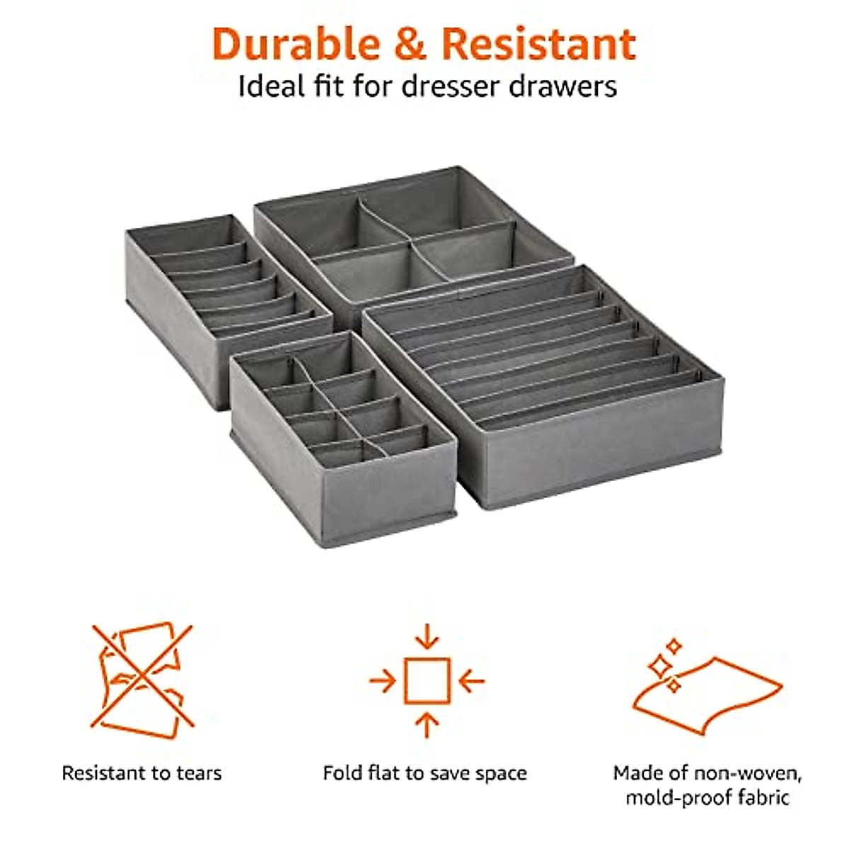 Amazon Basics Dresser Drawer Storage Organizer for Undergarments, Set of 4 - Gray