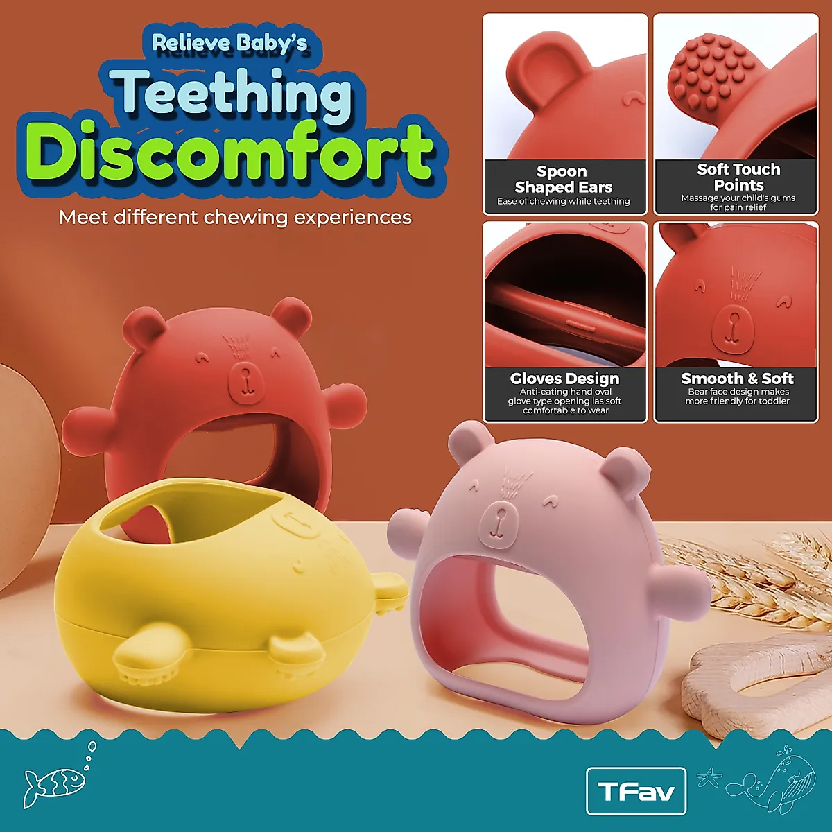 TFav Baby Bear Teether for Babies -3 pcs Pink, Yellow & Red -Silicone Mitten teether for 3 Months+ Boys & Girls -Hand Pacifier That Fits on Fist -Calm Down The Fussy Baby Calm Down Fussy Baby