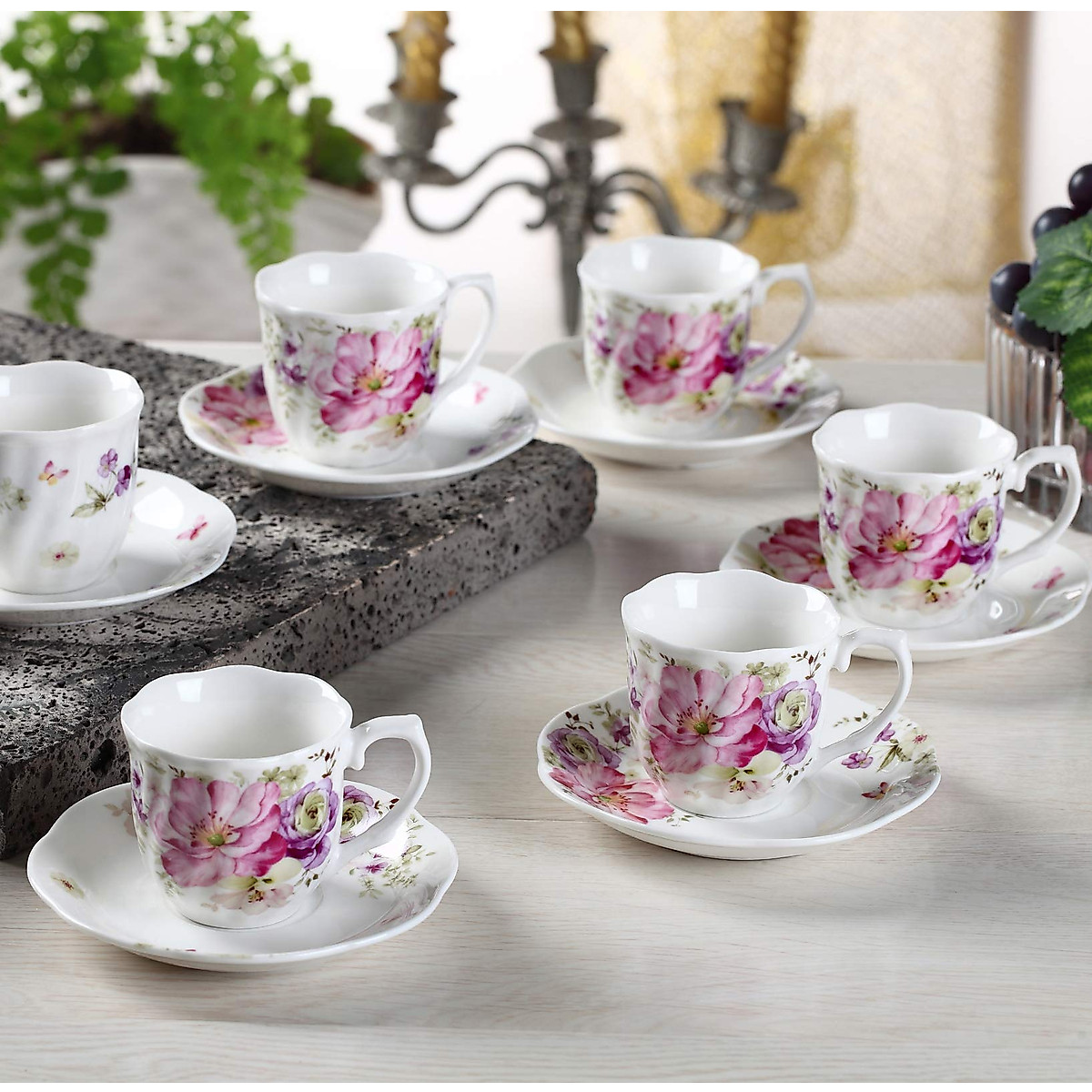 GuangYang 12 Pieces (Tiny Style) Espresso Cups and Saucers，2.5 ounce/80ml，Set of 6,Mini Premium Porcelain Coffee Cup Set, Fancy Flower Pattern Design