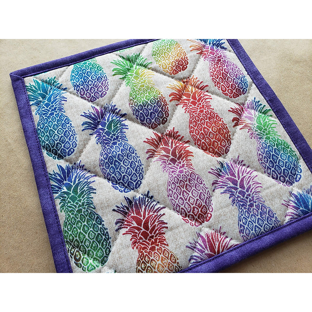 Rainbow Pineapple Potholders Set of 2 Handmade Hospitality Hostess Gifts Under 20 Summer Kitchen Linens Insulated Hot Pads Pair Quilted Trivets Charleston SC Themed Kitchen Decor