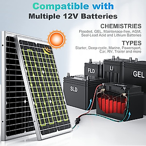 12V Waterproof Solar Battery Trickle Charger & Maintainer - 20 Watts Mono Solar Panel Built-in Intelligent MPPT Charge Controller + Adjustable Mount Brackets for Pole Dia 1.5-3.0inch/40-80mm