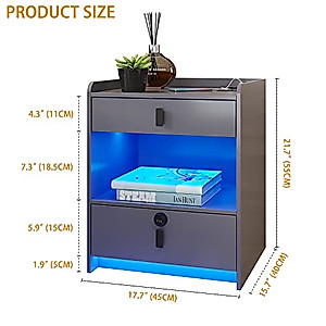Dytler RGB Smart Nightstand, with Wireless Charging Station and USB Port, Modern Bedside Table, Bedroom LED Night Stand, 2 Drawers, Lockable, Home Office end Side Cabinet(Grey)