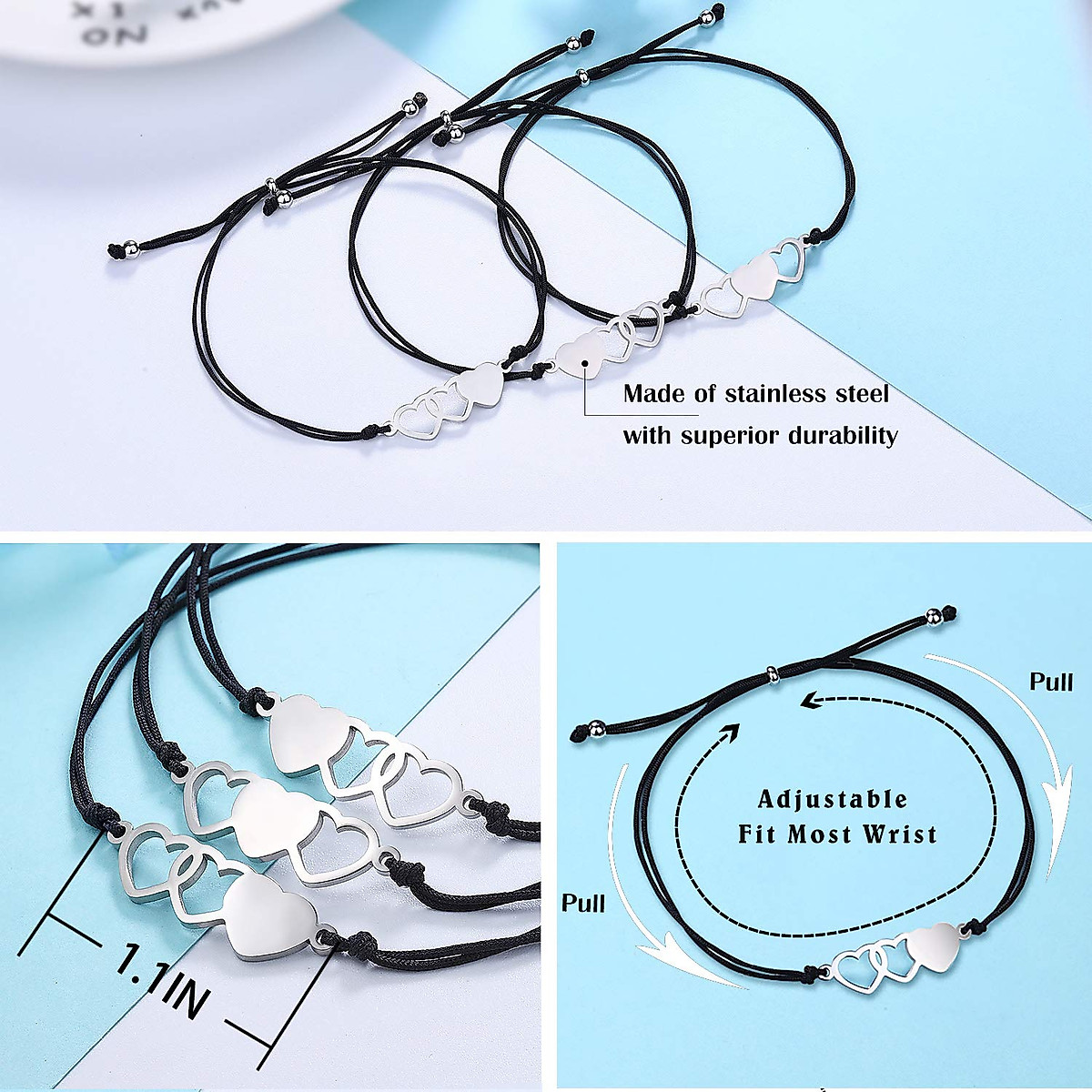 UNGENT THEM Cousin Gifts for Women, 3 Cousin Matching Heart Bracelets Birthday Christmas Gifts for Cousins Women