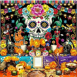 Mexican Day of The Dead Party Decoration Supplies Backdrop Banner for Mexican Fiesta Skull Flowers Photo Booth Background Dia DE Los Muertos for Alebrijes Mexicanos Home Wall Door Decor，5x3FT