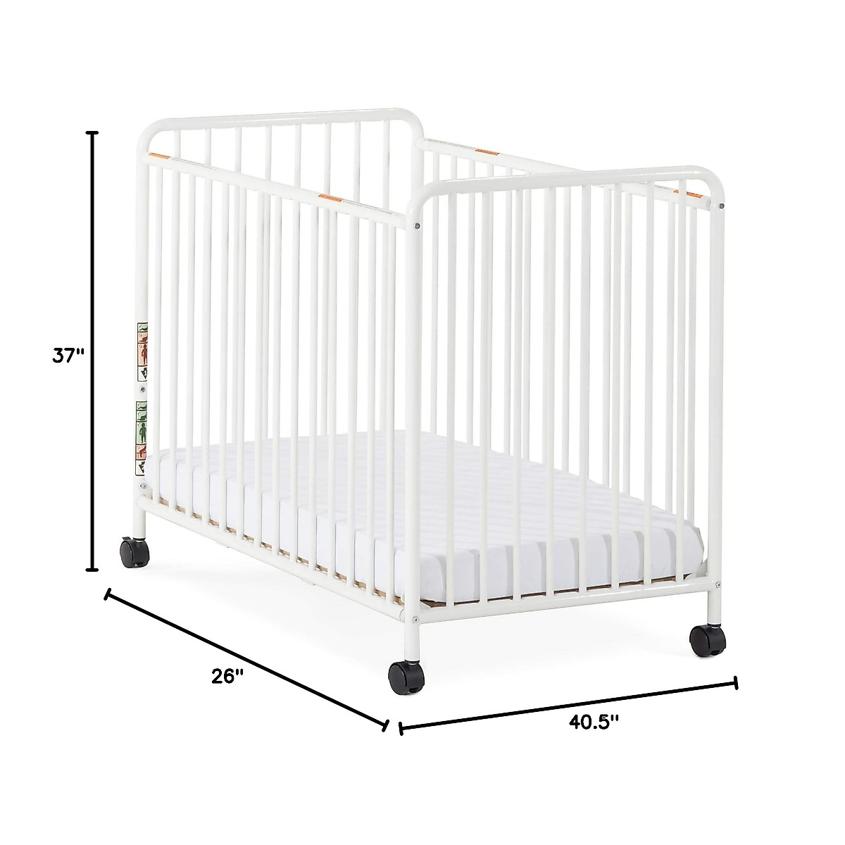 Child Craft Siesta Metal Compact Non-Folding Portable Crib with 2” Crib Mattress and Locking Wheels, Durable Metal Construction, Easy to Clean (White)