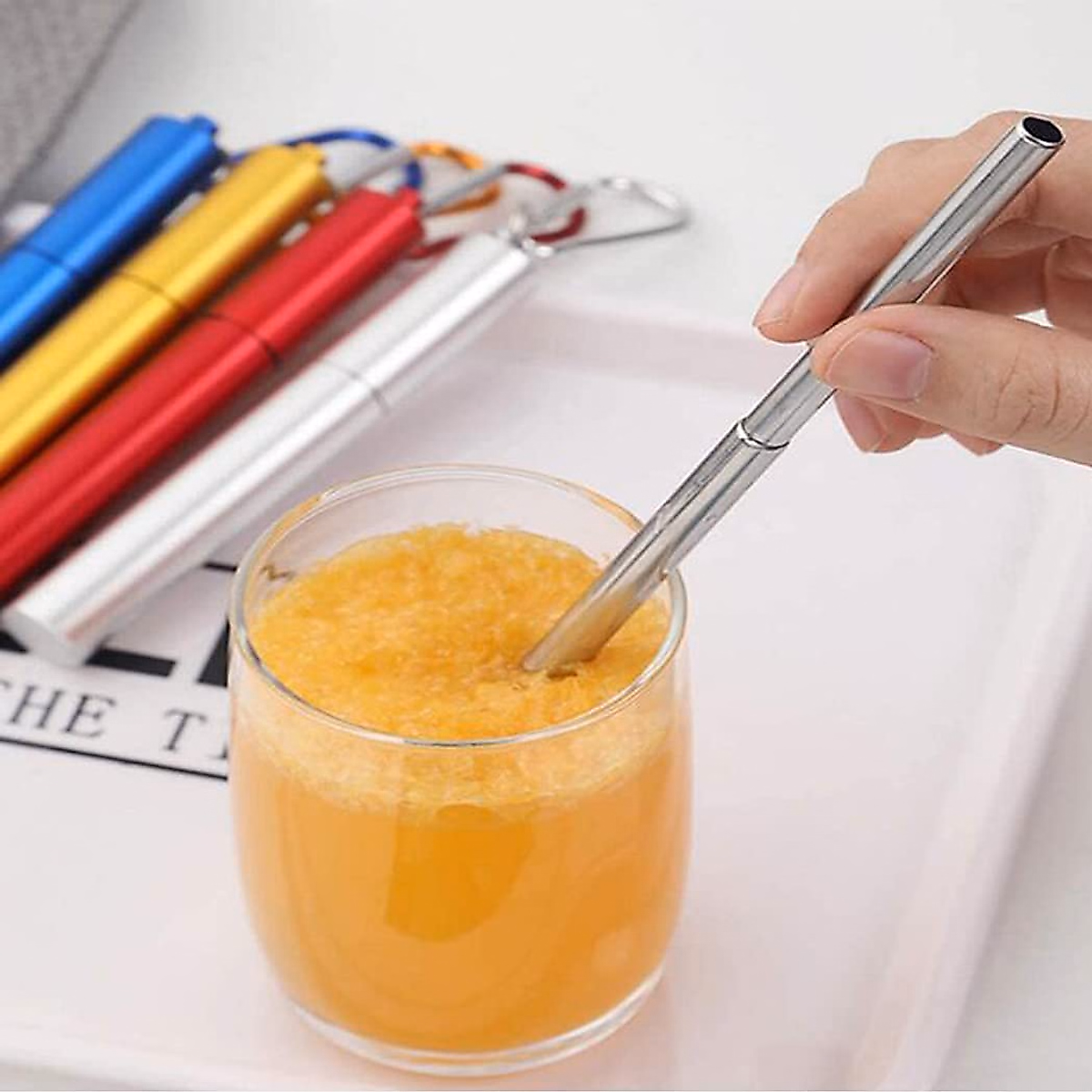 Hoshen Reusable Three-Section Foldable Metal Straw, Portable Telescopic Straw, Including Brush and Small Carabiner (Aluminum Alloy Shell), Black, 2 PCS