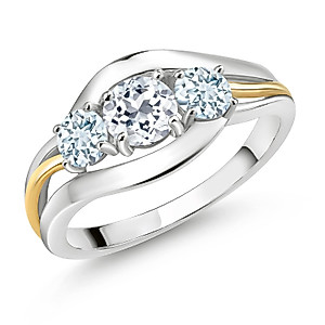 Gem Stone King 925 Sterling Silver and 10K Yellow Gold Round White Topaz and Sky Blue Aquamarine 3 Stone Ring For Women (1.10 Cttw, Available In Size 5, 6, 7, 8, 9)