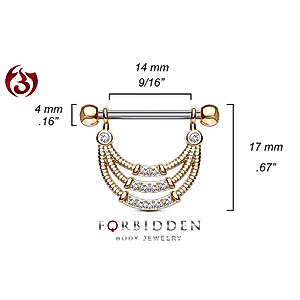 Forbidden Body Jewelry Pair of Surgical Steel 9/16 Inch D-Ring Style Pave CZ Triple Rope Dangle Nipple Barbells, Rose Gold Tone