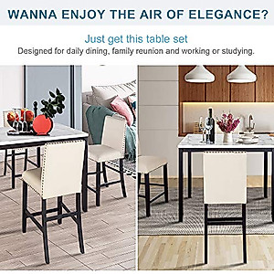 LZ LEISURE ZONE 5 Piece Counter Height Dining Table Set, Dining Table and Chairs Set for 4, Faux Marble Modern Kitchen Table with Chairs for Home or Restaurant, White+Beige