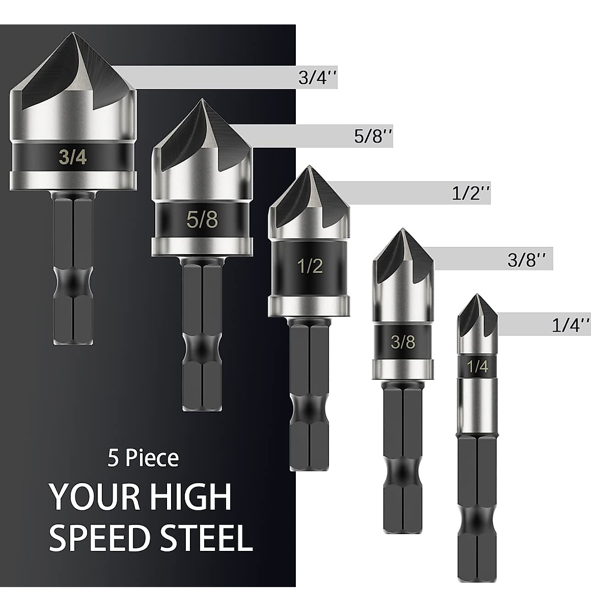 Countersink Bit Set for Metal, M2 Cobalt Countersunk Bits 5 Pieces, 1/4" Hex Shank Countersunk Bit Set for Drilling in Copper, Aluminum, Wood, Plastic