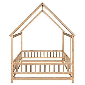 Eafurn Full Size Floor Bed for Kids, House Shape Wood Full Bed Frame with Roof and Fence-Shaped Guardrails for Toddlers Kids Boys Girls Teens, Box Spring Needed, Easy Assembly