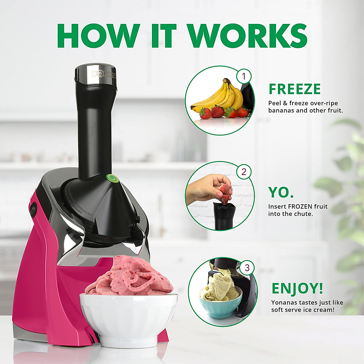 Yonanas 988HP Deluxe Vegan Non-Dairy Frozen Fruit Soft Serve Dessert Maker, BPA Free, Includes 75 Recipes, 200 Watts, Pink